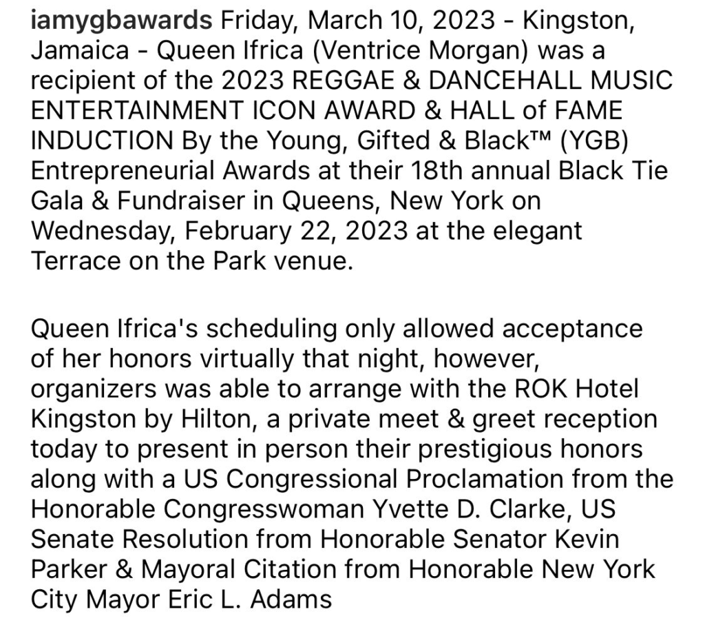 Queen Ifrica inducted into YGB Entrepreneurial Awards' hall of fame